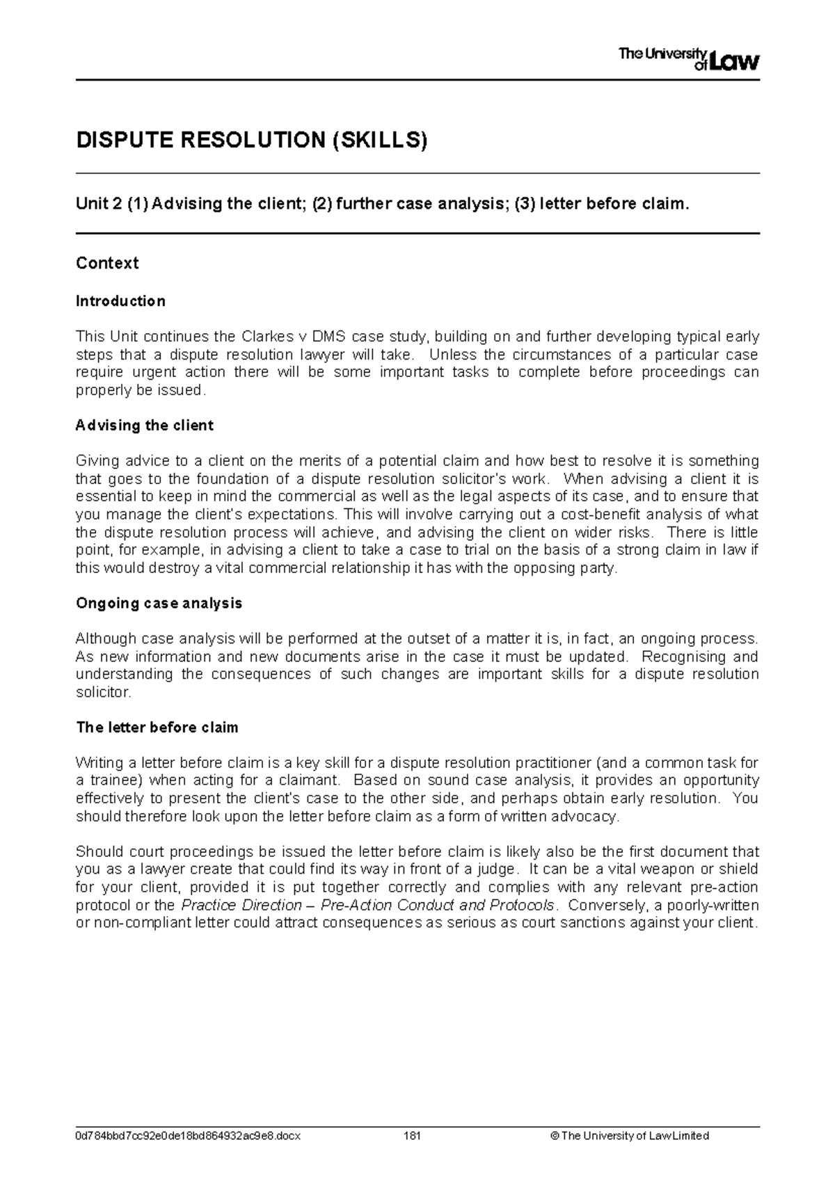 Dispute Resolution: Advising and Letter Before Claim - Studocu