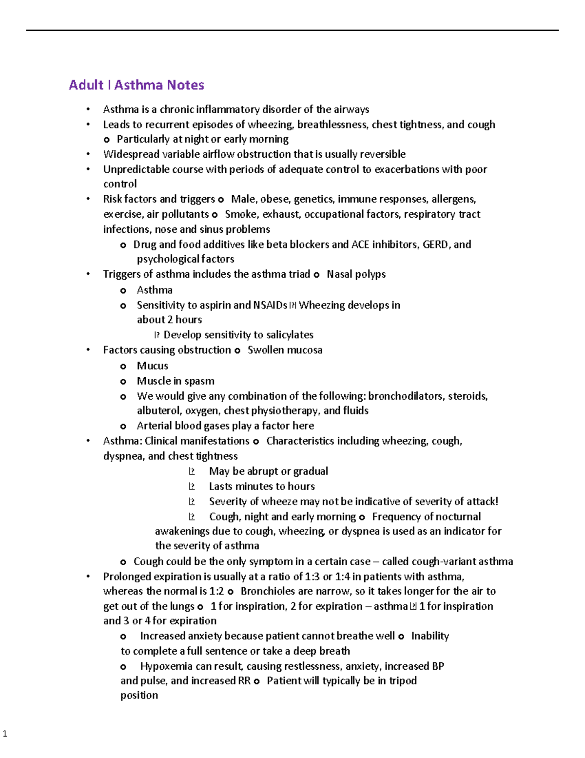 Adult I Asthma Notes - Adult I Asthma Notes Asthma is a chronic ...