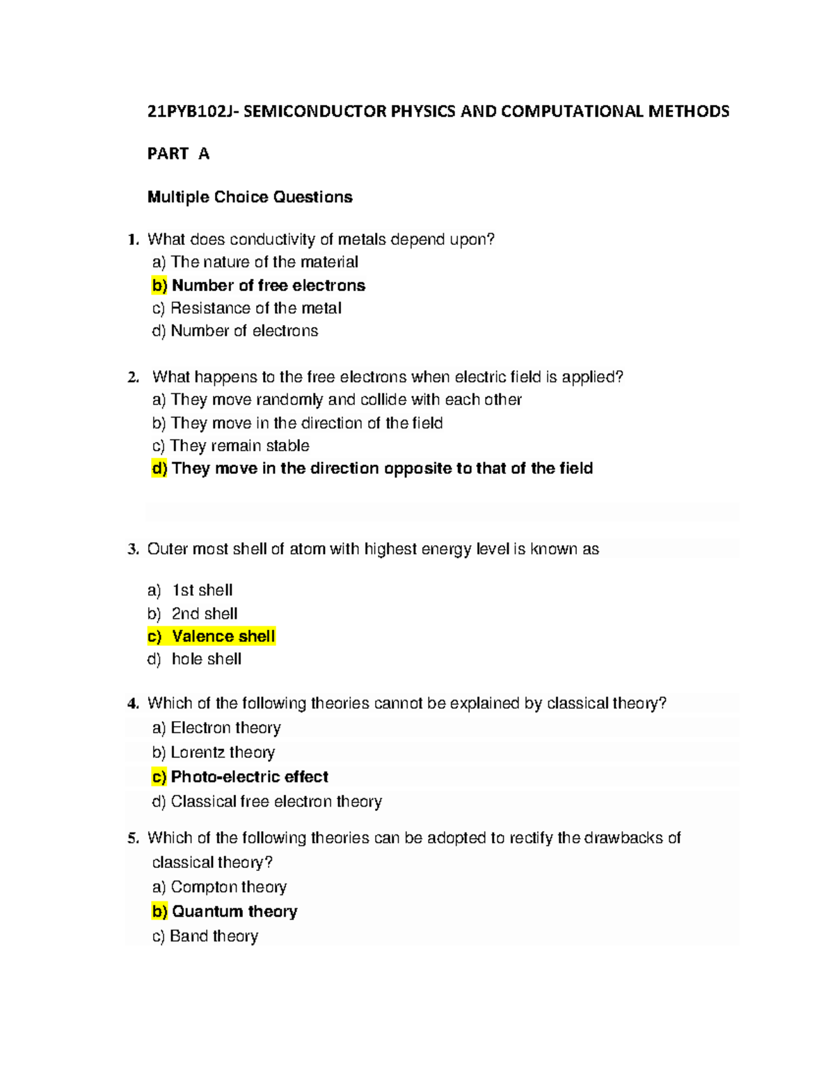 UNIT 1 Question BANK - 21PYB102J- SEMICONDUCTOR PHYSICS AND COMPUTATIONAL METHODS PART A ...
