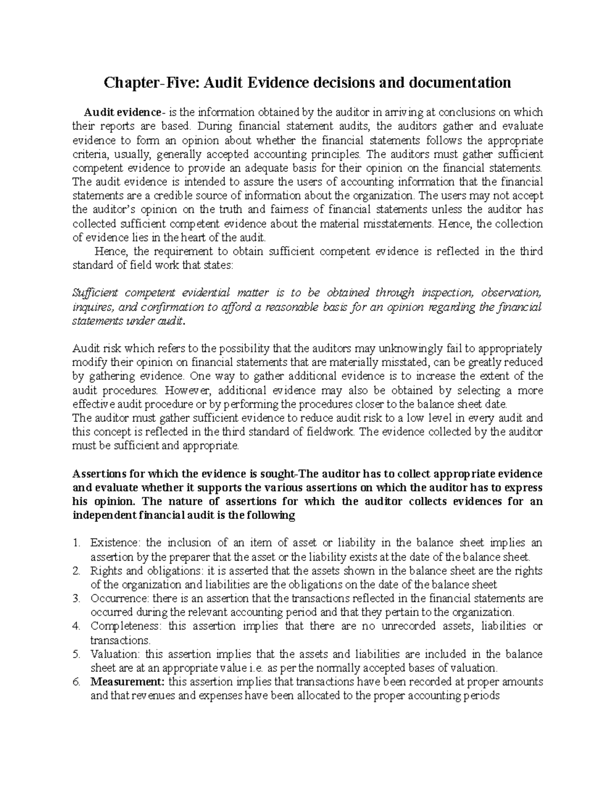 Auditing Principle 1 ch5 - Chapter-Five: Audit Evidence decisions and ...