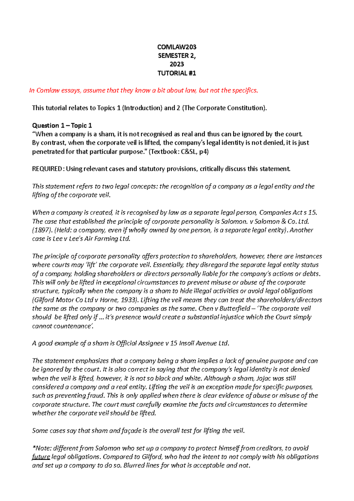 Tutorials - COMLAW SEMESTER 2, 2023 TUTORIAL In Comlaw essays, assume ...