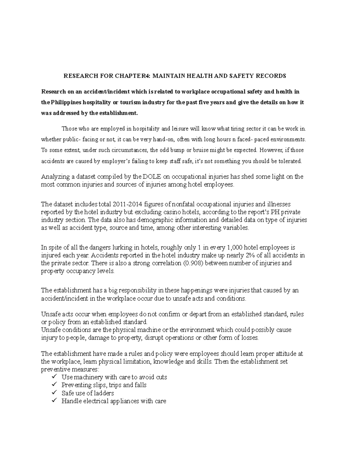 RISK Chapter 4 Maintain Health AND Safety Records - RESEARCH FOR ...