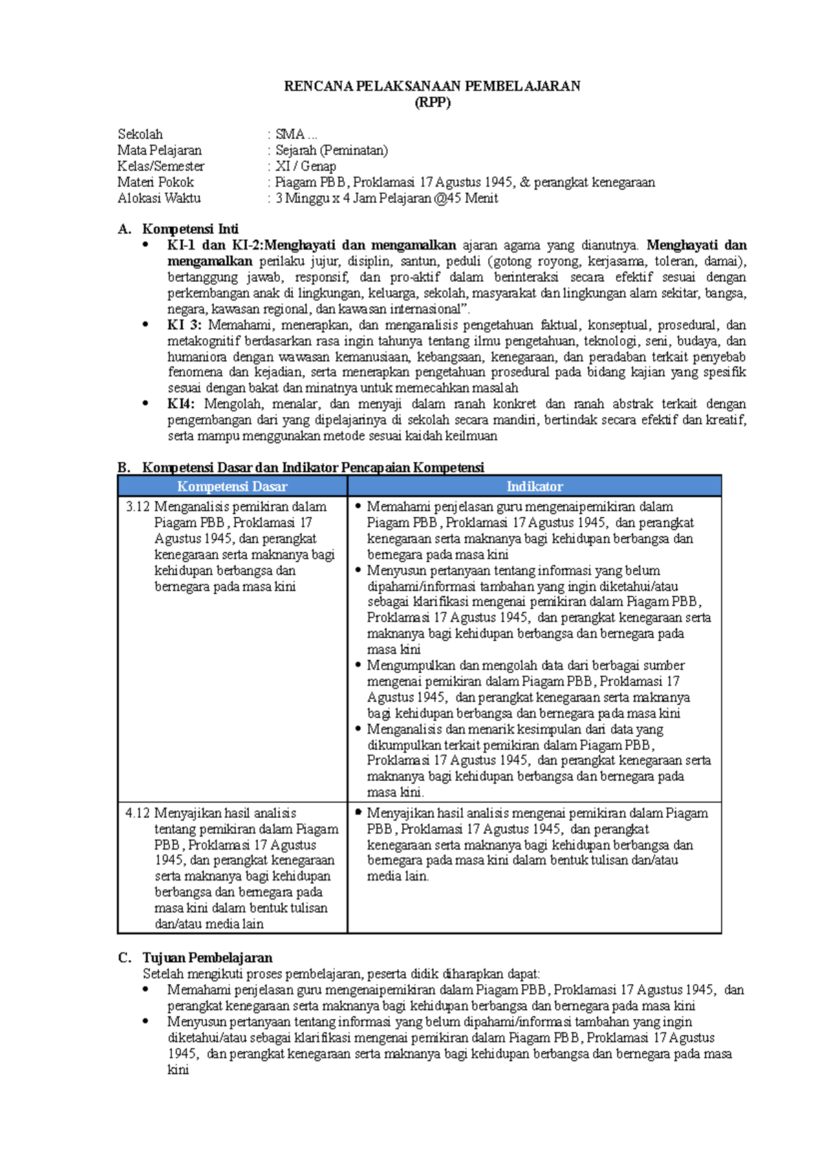 12. RPP 12 - Uhu - RENCANA PELAKSANAAN PEMBELAJARAN (RPP) Sekolah : SMA ...