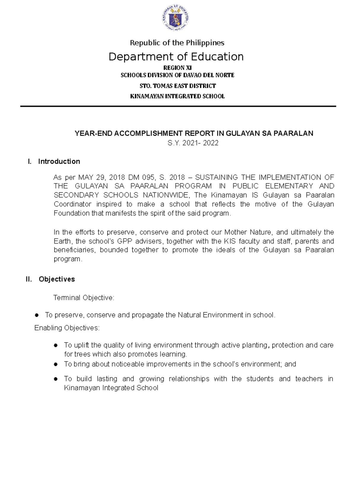 Accomplishment GPP 2022 - Republic of the Philippines Department of ...