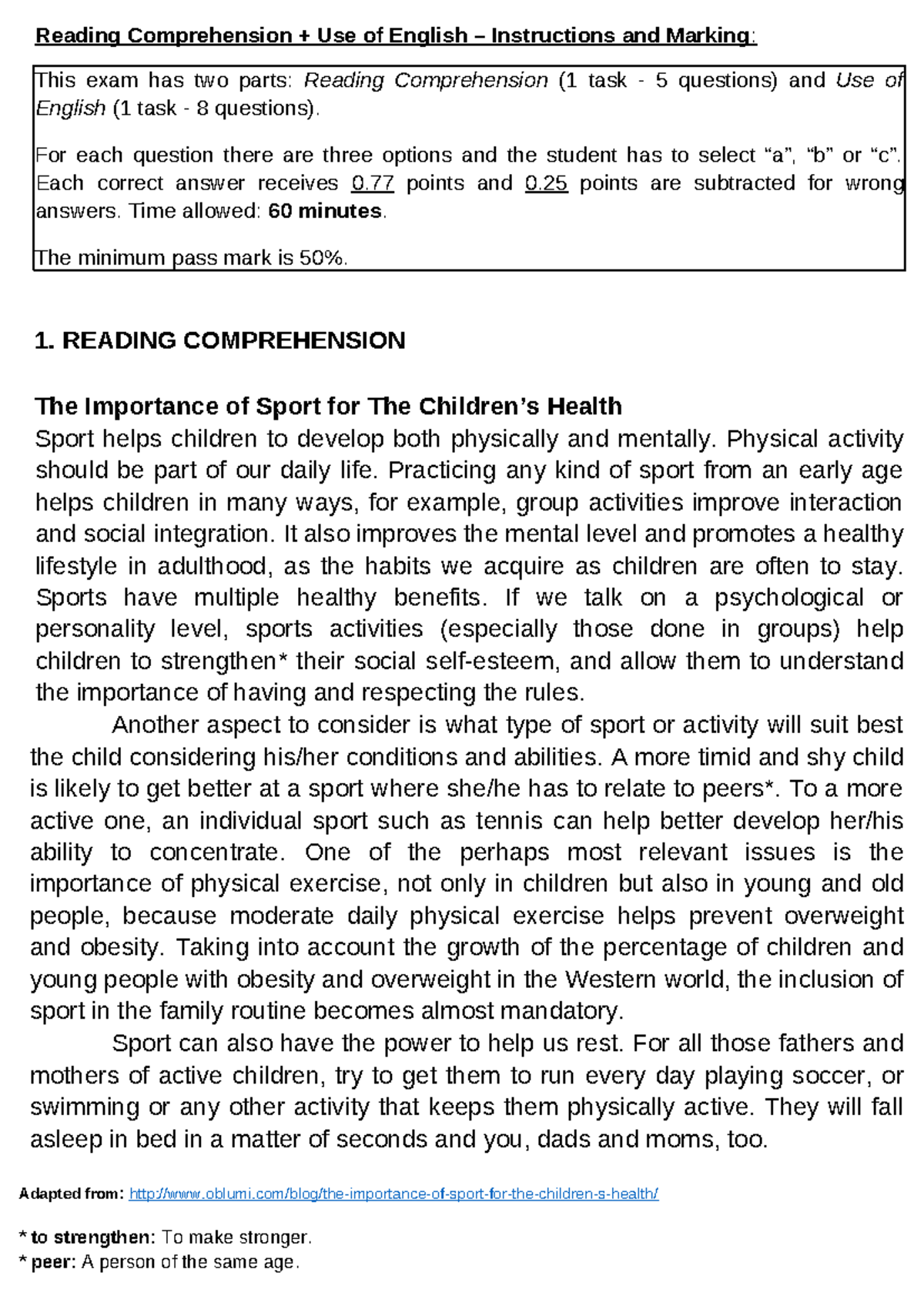 Reading Comprehension Practice - Sports - Reading Comprehension + Use ...