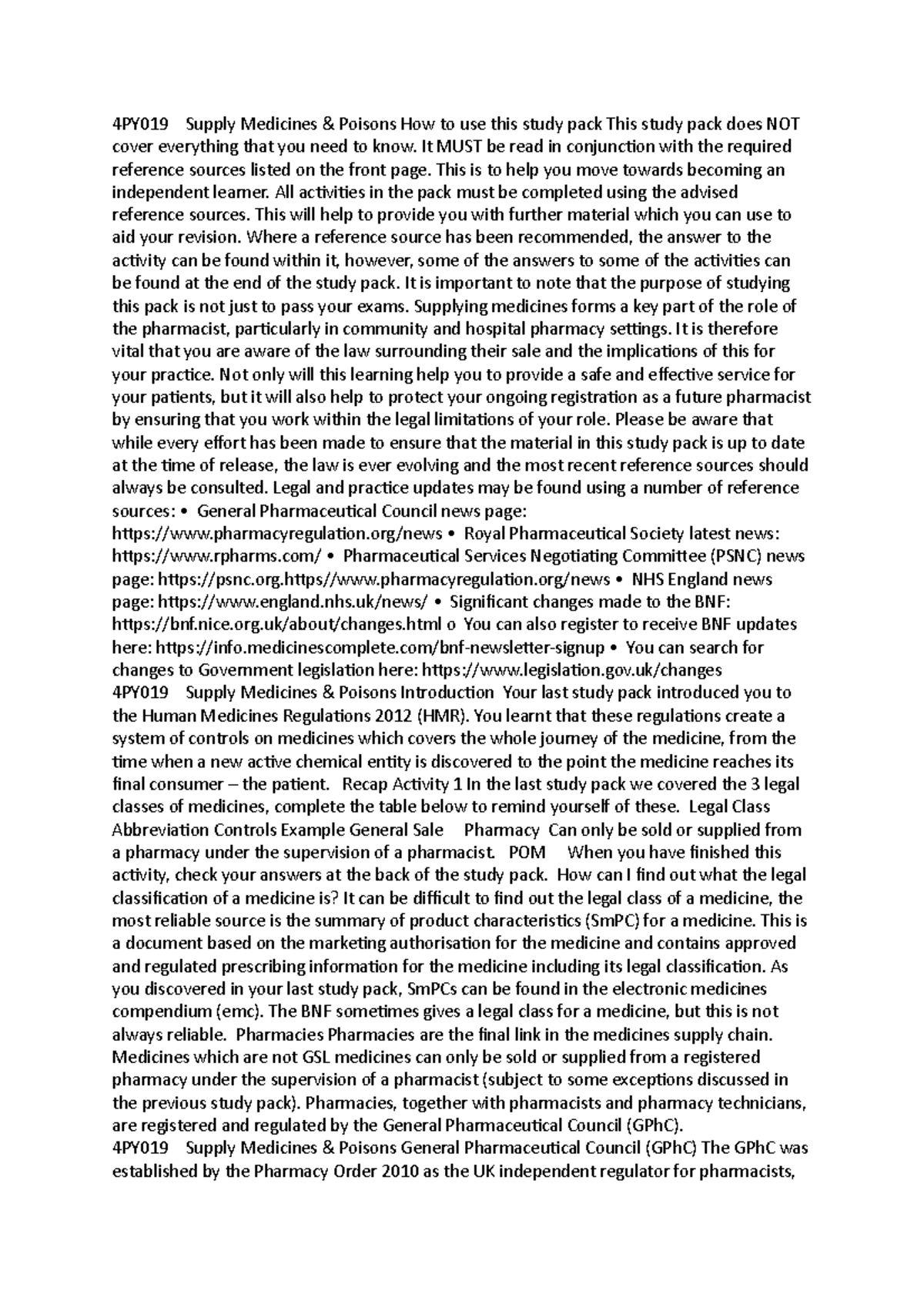 Pharmacy notes 7 - 4PY019 Supply Medicines & Poisons How to use this ...
