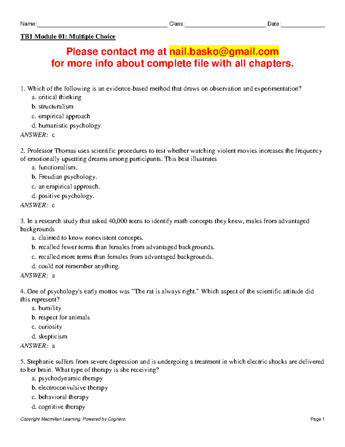 Psychology in Modules, 13e David Myers, Nathan De Wall test bank - TB1 ...