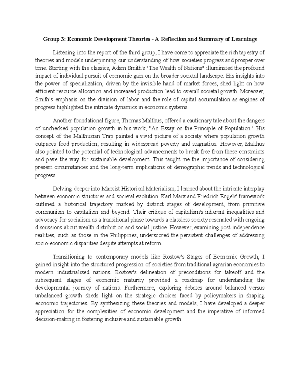 Reflection on Report - Group 3: Economic Development Theories - A ...