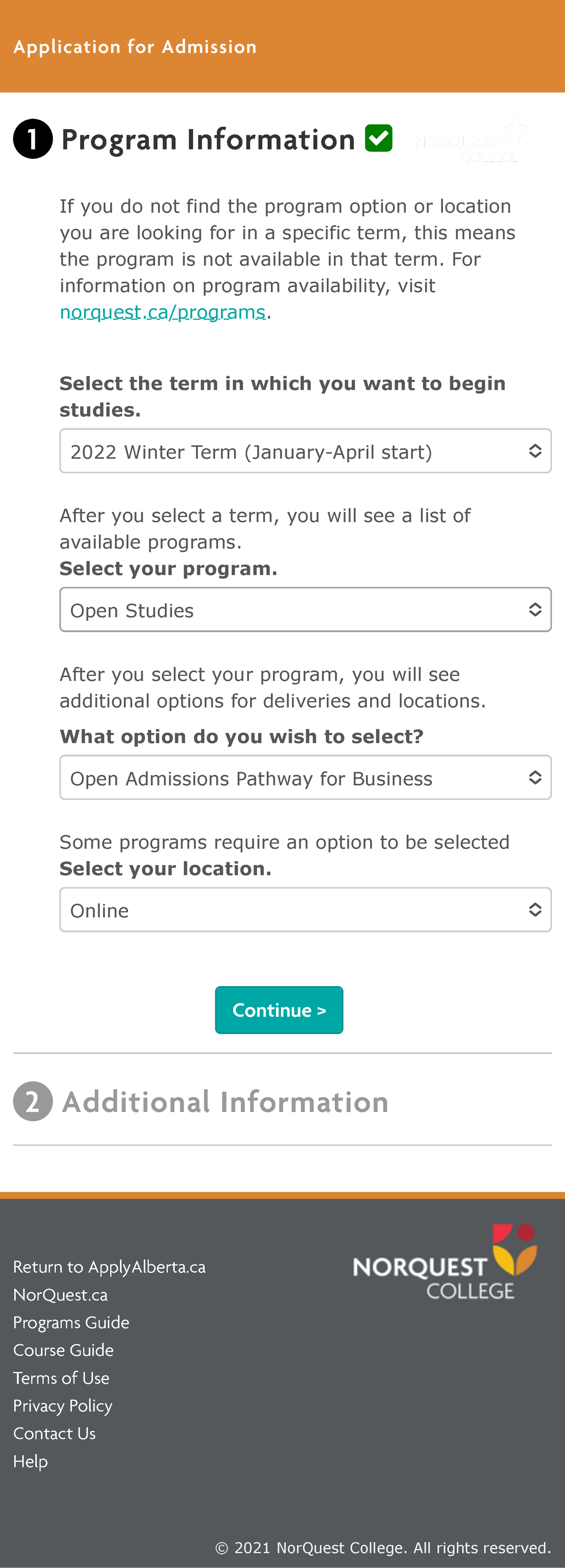 Step 1 - Program Information - Nor Quest College A… - © 2021 NorQuest ...