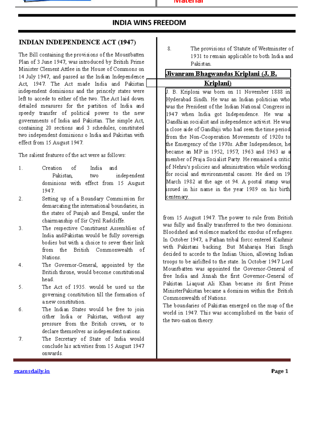 India Wins Freedom Study Material - INDIAN INDEPENDENCE ACT (1947) The ...
