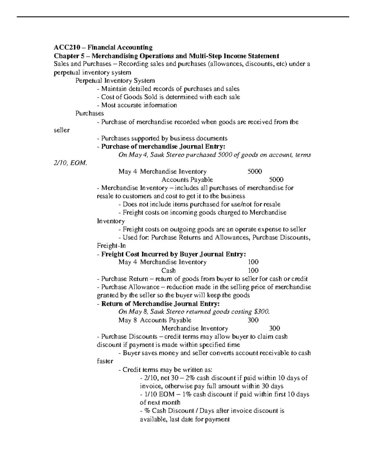 Ch05 Notes - Merchandising Operations and Multi-Step Income Statement ...