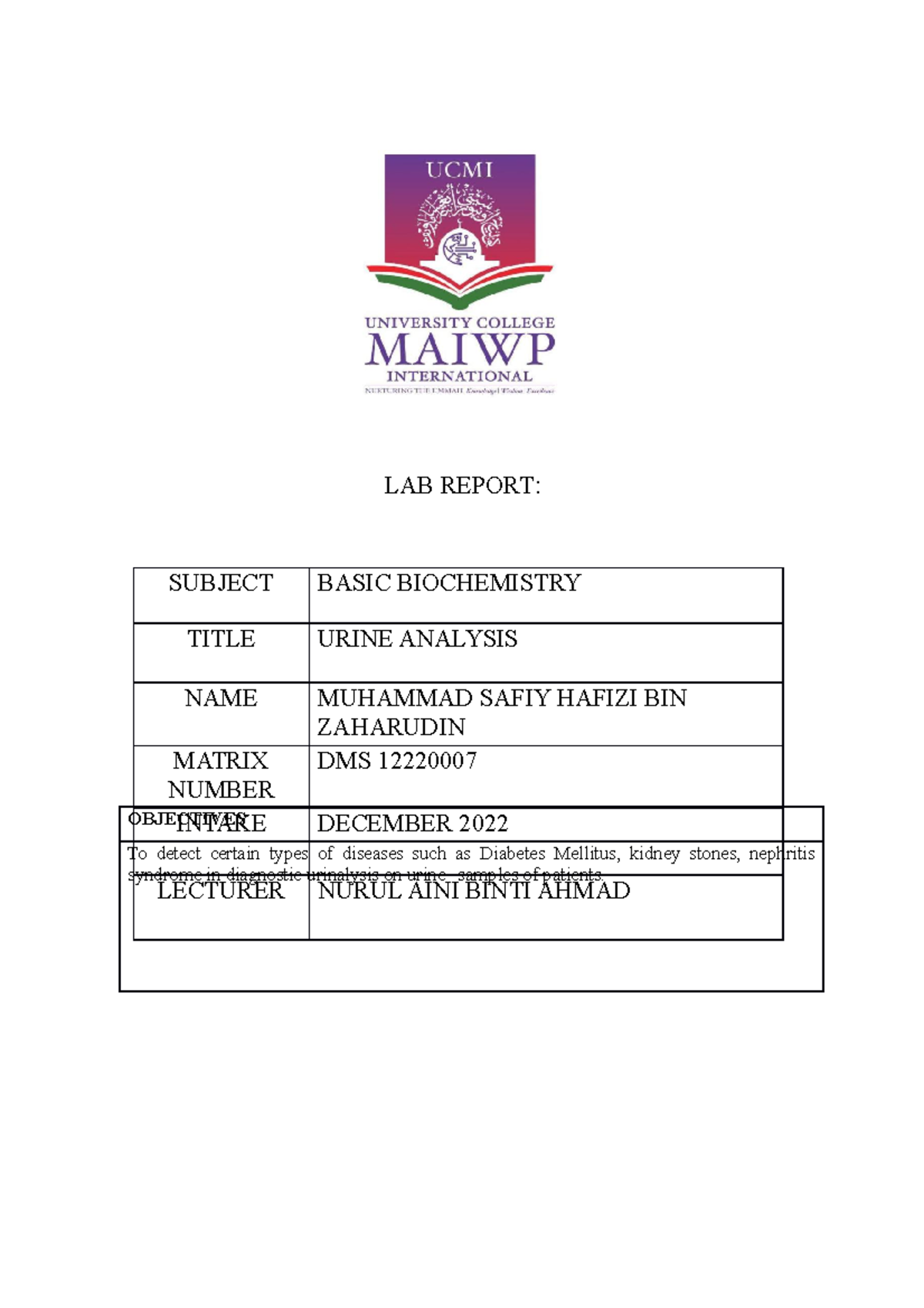 Urinalysis report - subject biochemistry, about urine - LAB REPORT ...