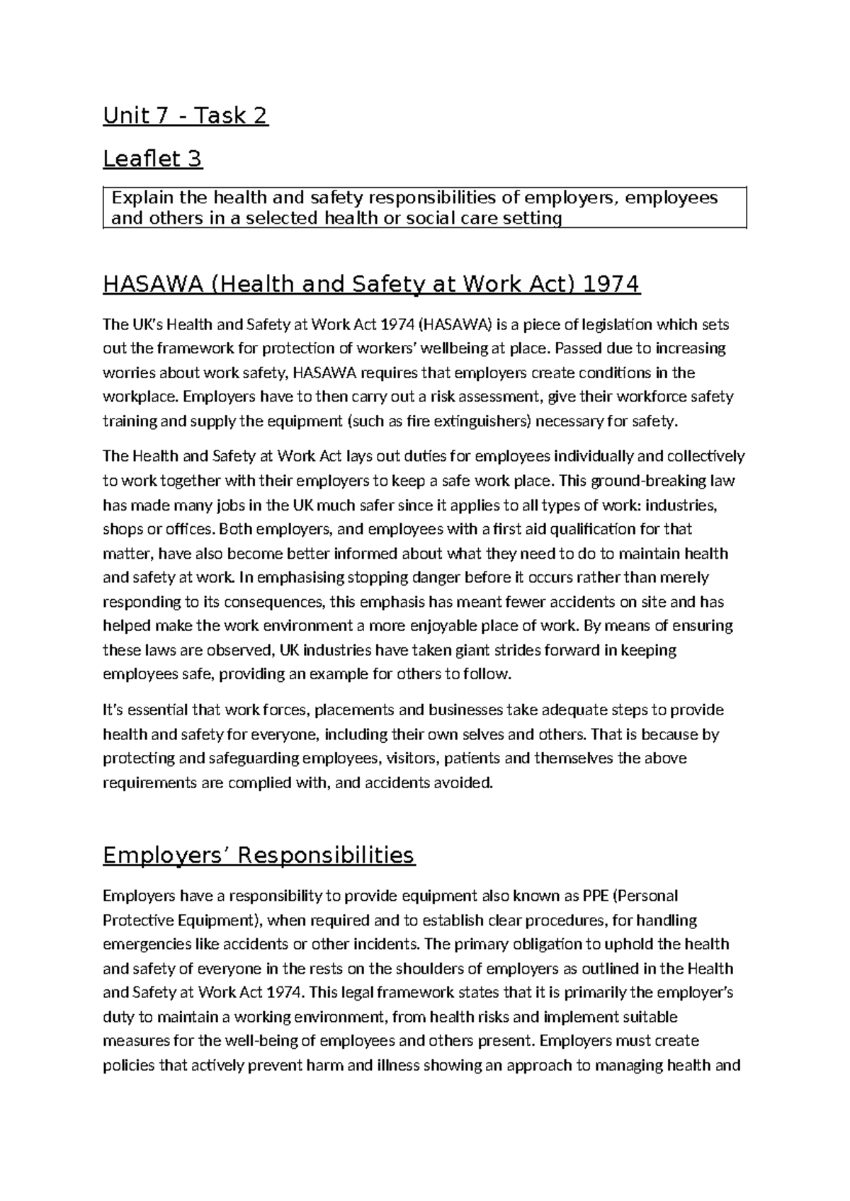 Unit 7 Task 2 - PASSES - Unit 7 - Task 2 Leaflet 3 Explain the health and safety ...