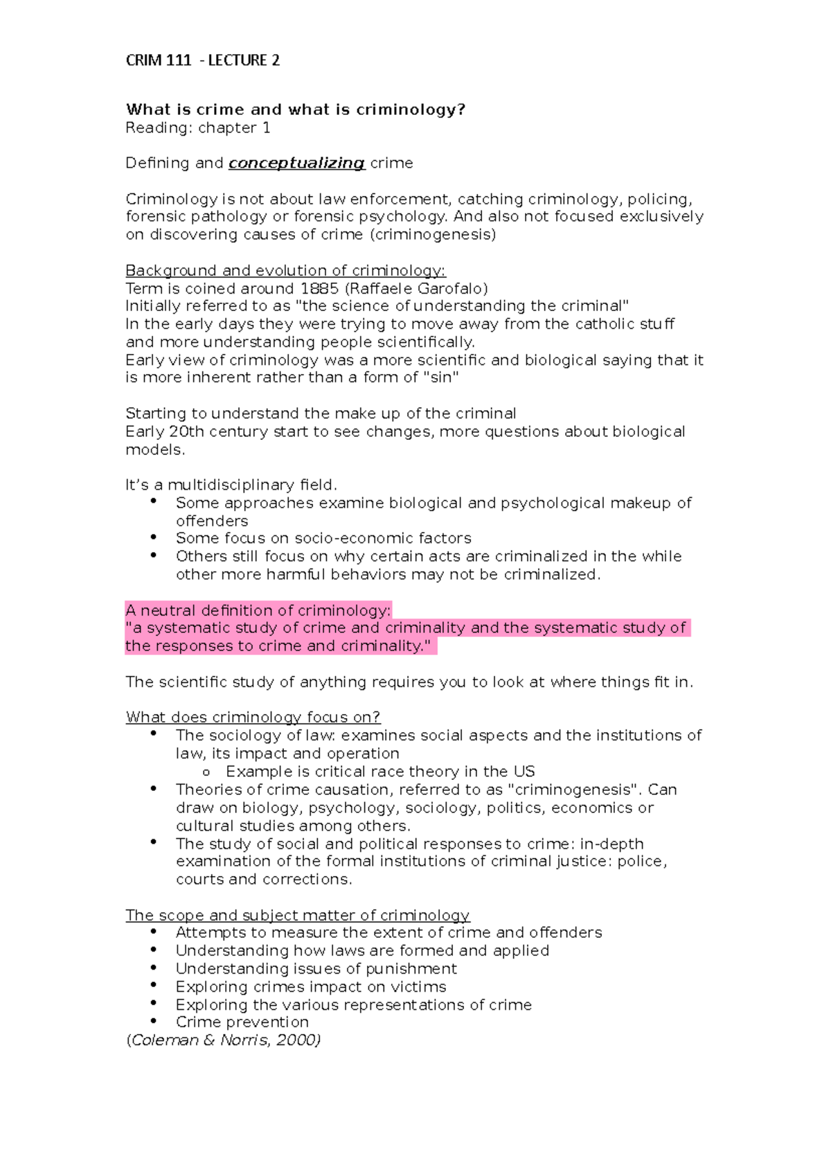 CRIM 111 - Lecture 2 - CRIM 111 - LECTURE 2 What is crime and what is ...