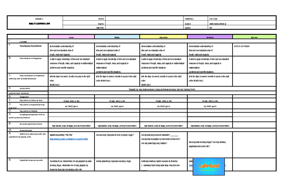 Q4 DLL MATH1 WEEK-1 - DLL - GRADE 1 DAILY LESSON LOG School Grade&Sec ...