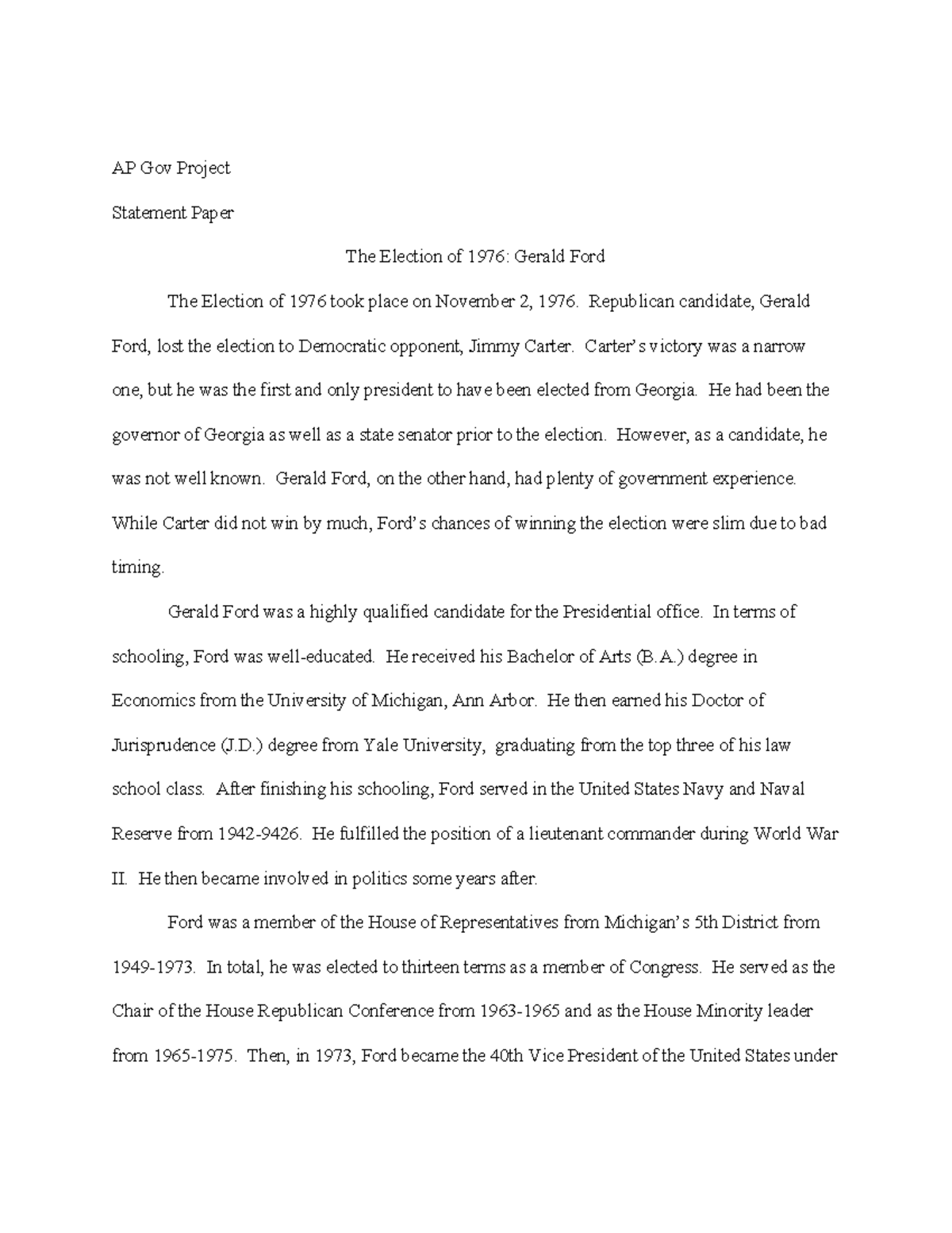 AP Gov Statement Paper: The Election of 1976: Gerald Ford - AP Gov ...