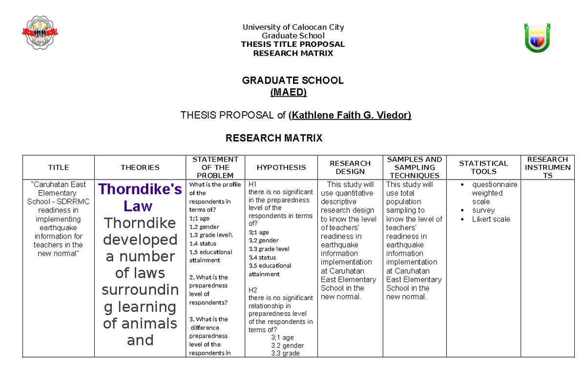 Viedor-Matrix Title-Proposal - Graduate School THESIS TITLE PROPOSAL ...