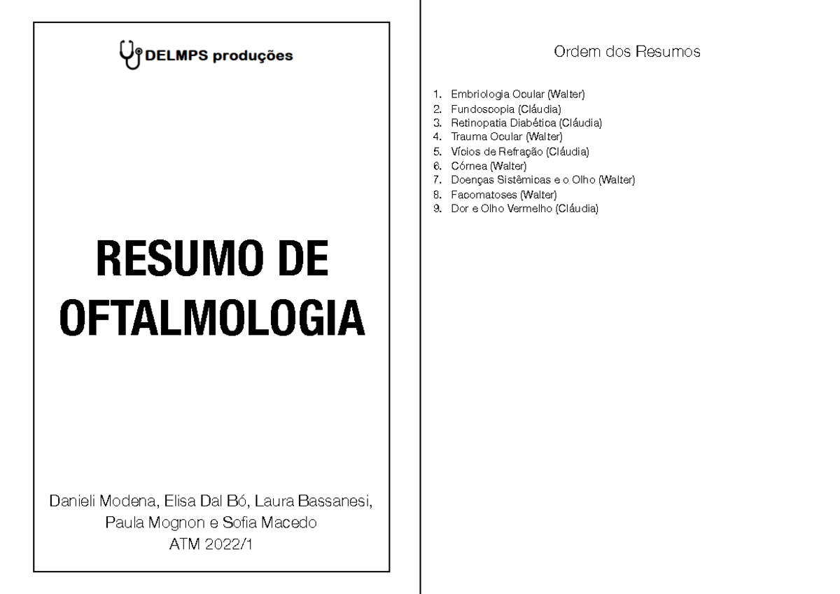 Oftalmo - RESUMO DE OFTALMOLOGIA Danieli Modena, Elisa Dal Bó, Laura Bassanesi, Paula Mognon e ...