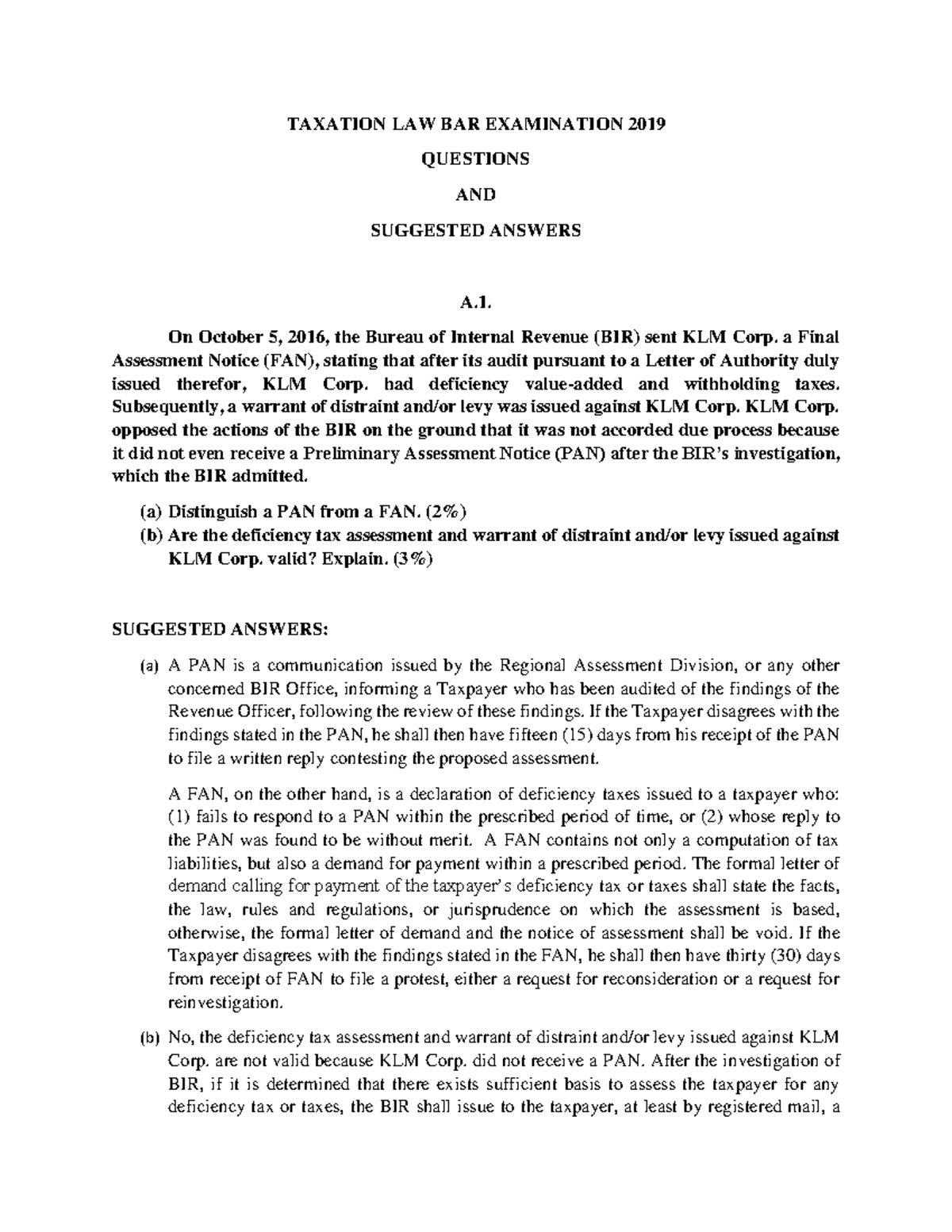 Exam 2019, answers - Warning: TT: undefined function: 32 TAXATION LAW BAR EXAMINATION 2019 ...