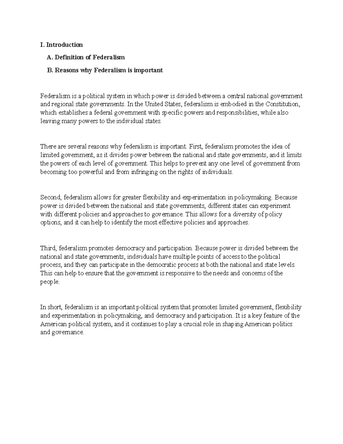 Notes on federalism - I. Introduction A. Definition of Federalism B ...