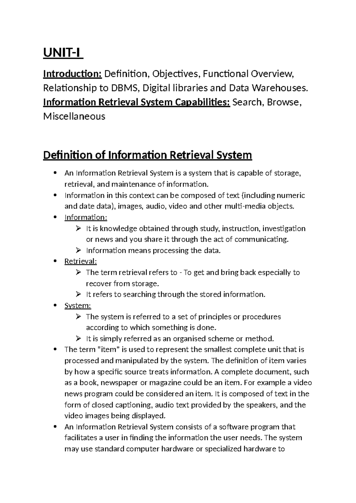Information retrieval systems in the domain of computer science and engineering - UNIT-I - Studocu