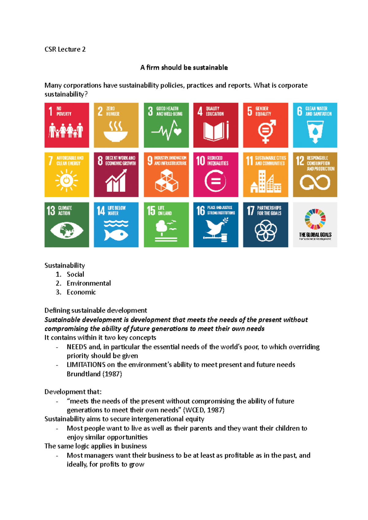 CSR Lecture Notes - CSR Lecture 2 A firm should be sustainable Many ...