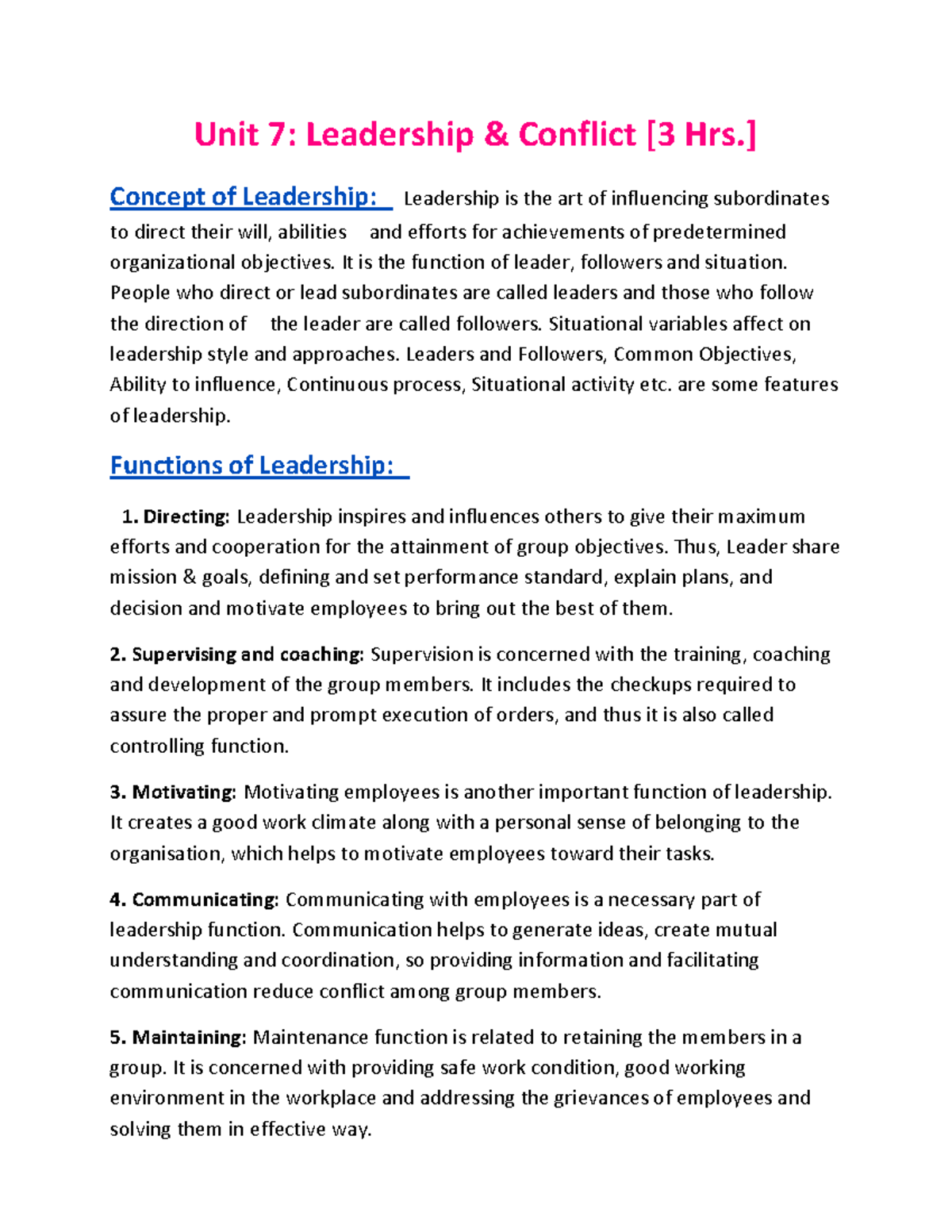 POM Unit-7 - POM Unit-7 - Unit 7: Leadership & Conflict [3 Hrs ...