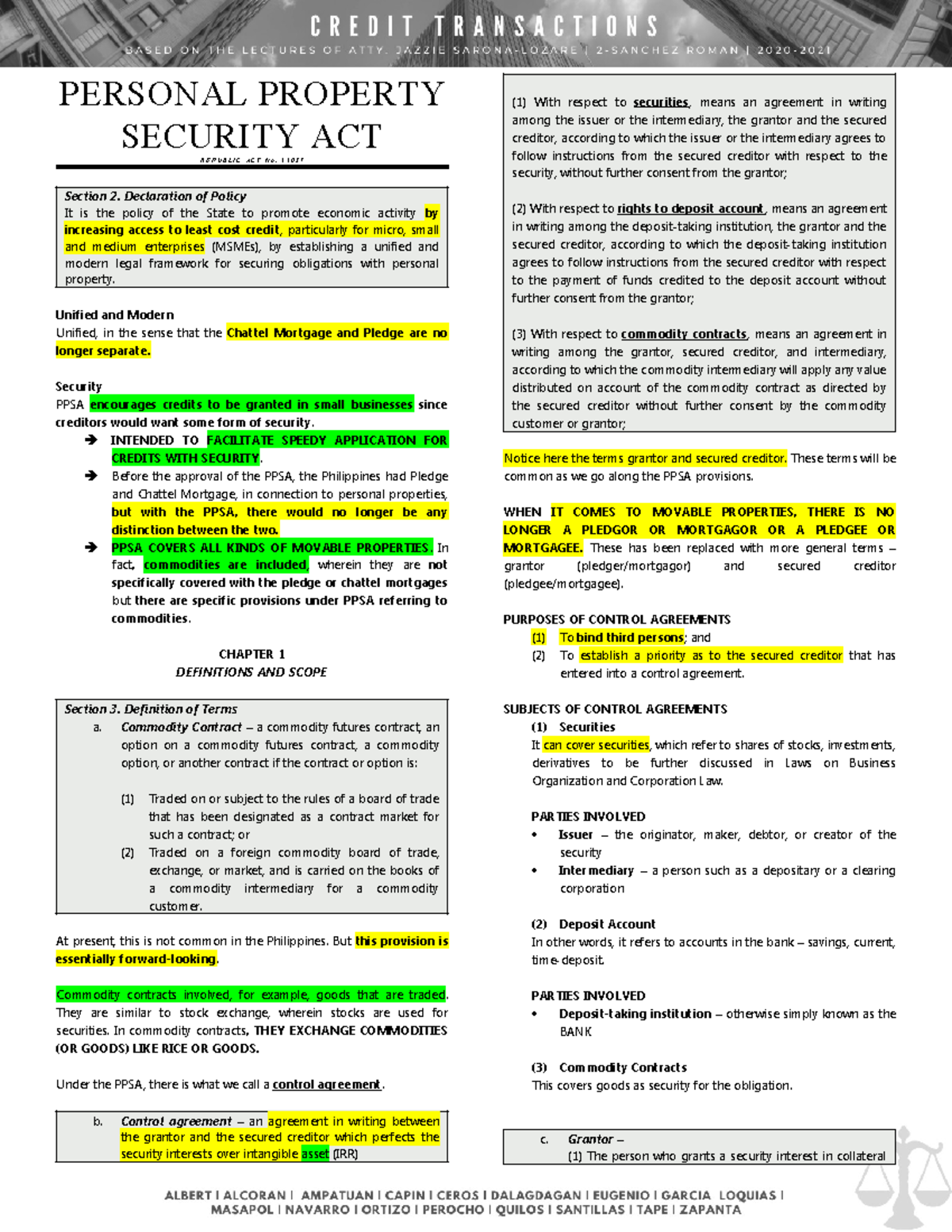 Reviewer (2) IN Credit Transactions - PERSONAL PROPERTY SECURITY ACT R ...