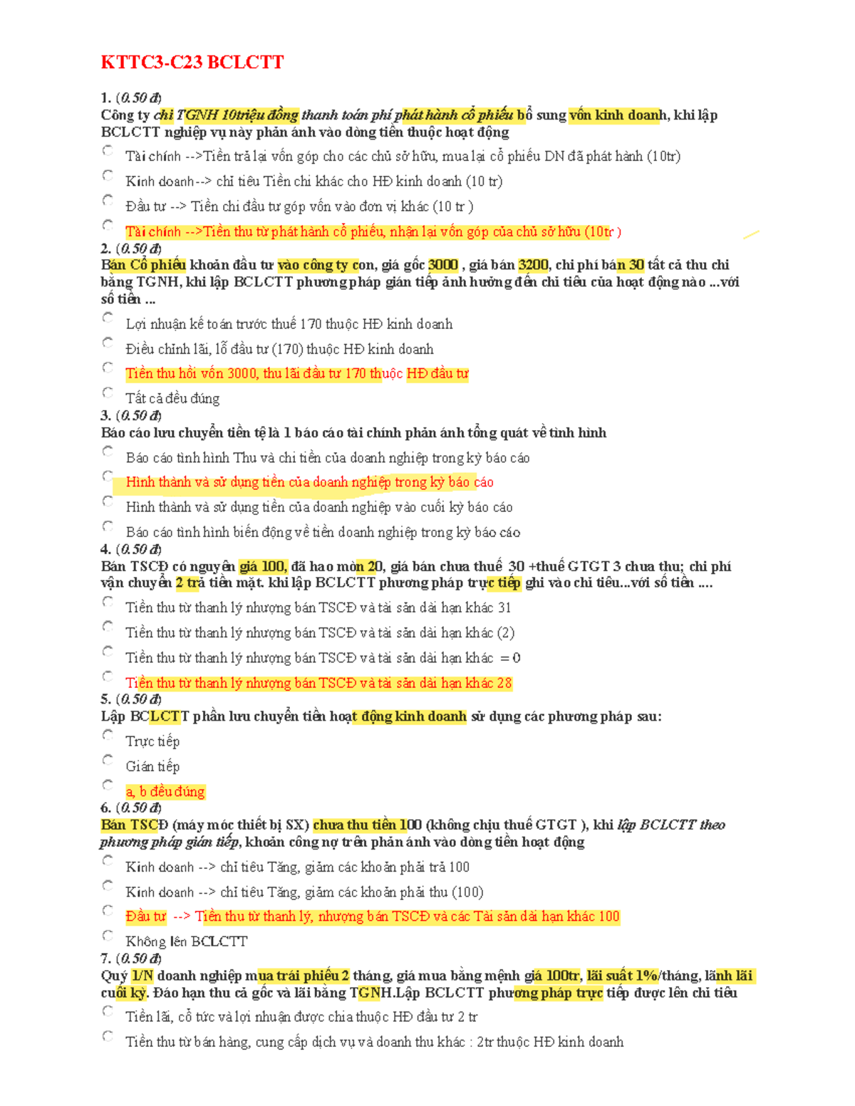 KTTC3 C23 final - TRẮC NGHIỆM - KTTC3-C23 BCLCTT (0 đ) Công ty chi TGNH 10triệu đồng thanh toán ...