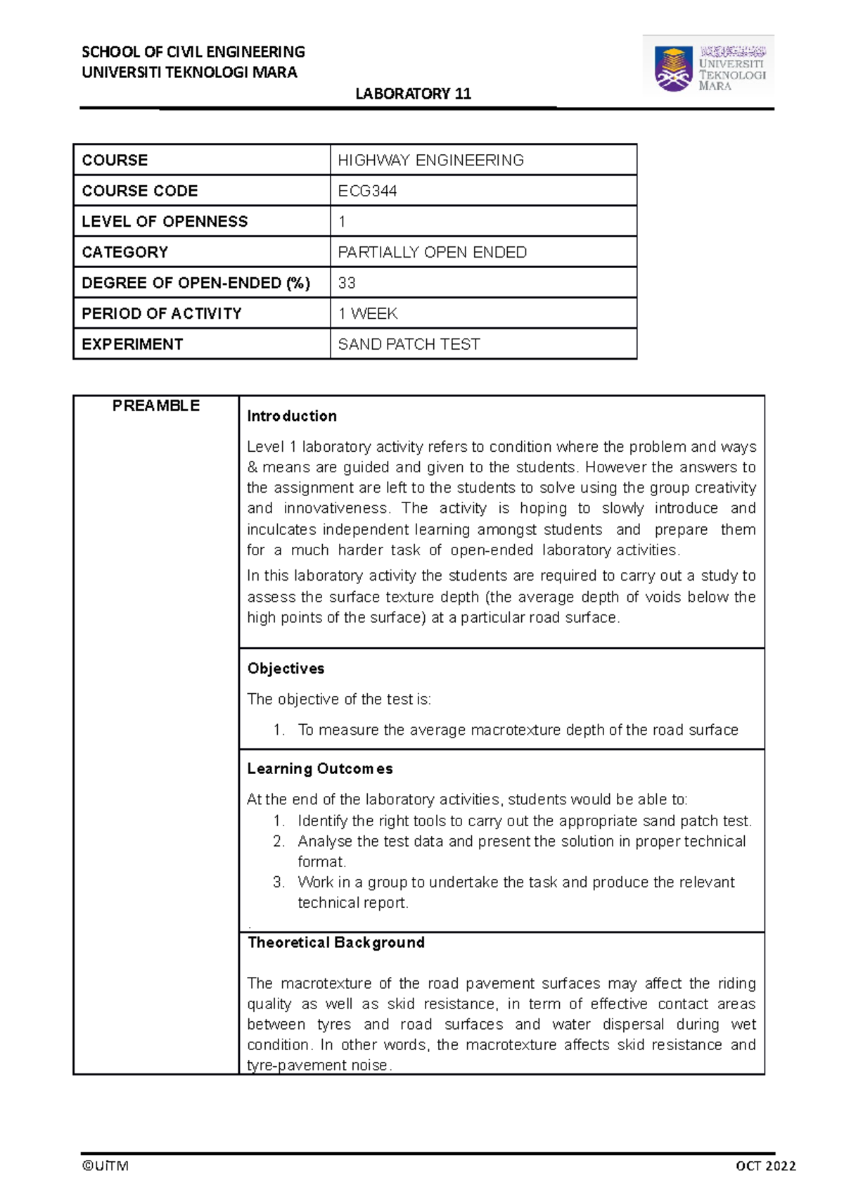 LAB 11- Sand Patch Method OEL1 - SCHOOL OF CIVIL ENGINEERING UNIVERSITI TEKNOLOGI MARA ...