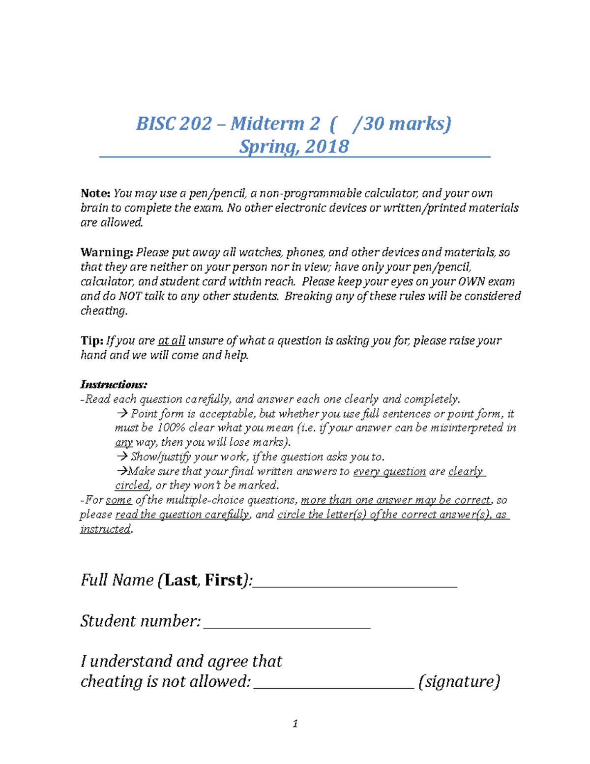 Midterm 2017, questions - BISC 202 – Midterm 2 ( /30 marks) Spring ...