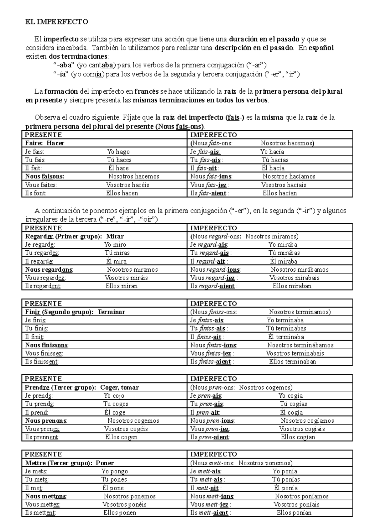 16Imparfait - Apuntes 5 - EL IMPERFECTO El imperfecto se utiliza para ...