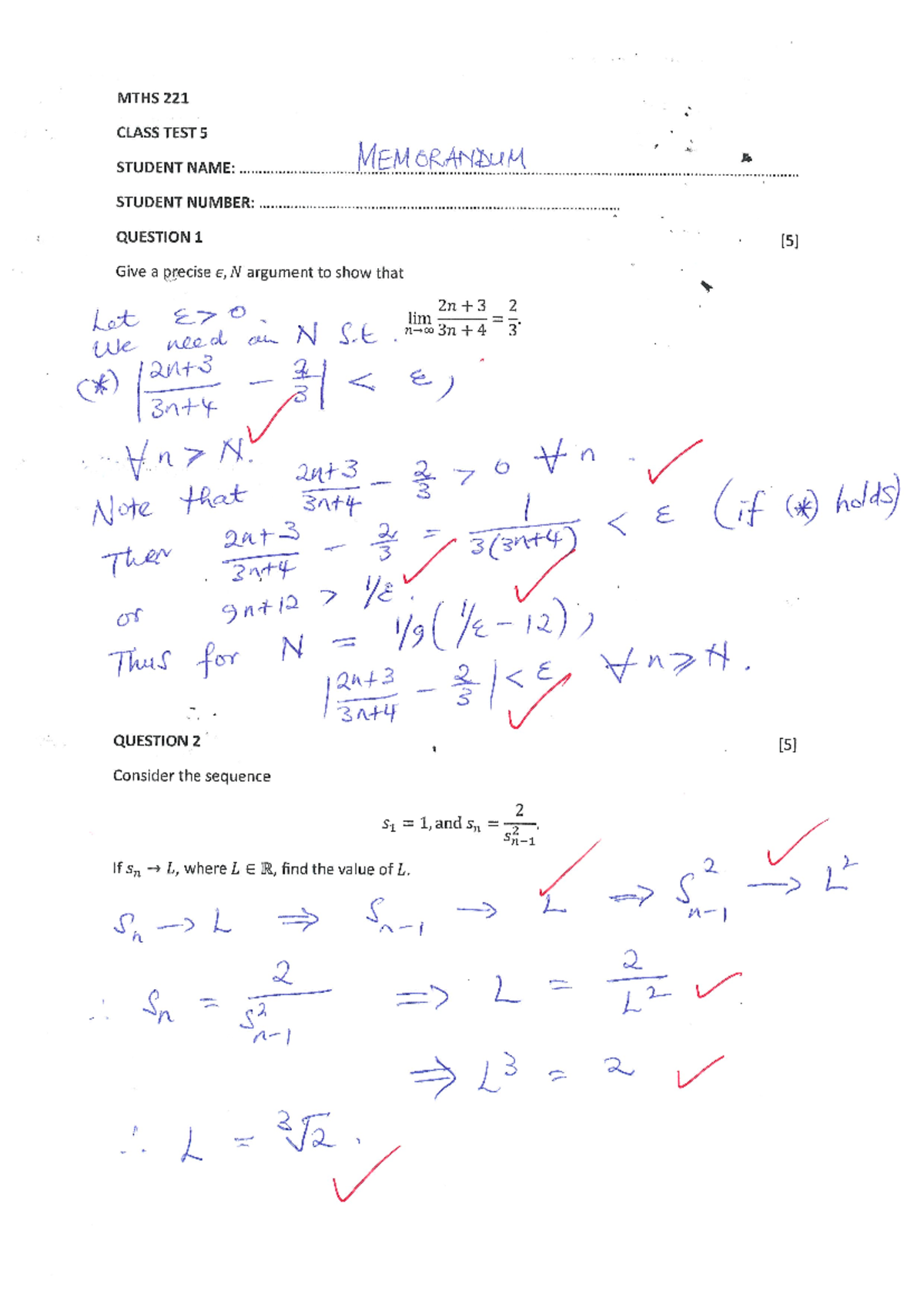 MTHS 221 Class test 5 2023 memo - MTHS 221 CLASS TEST 5 STUDENT NAME ...