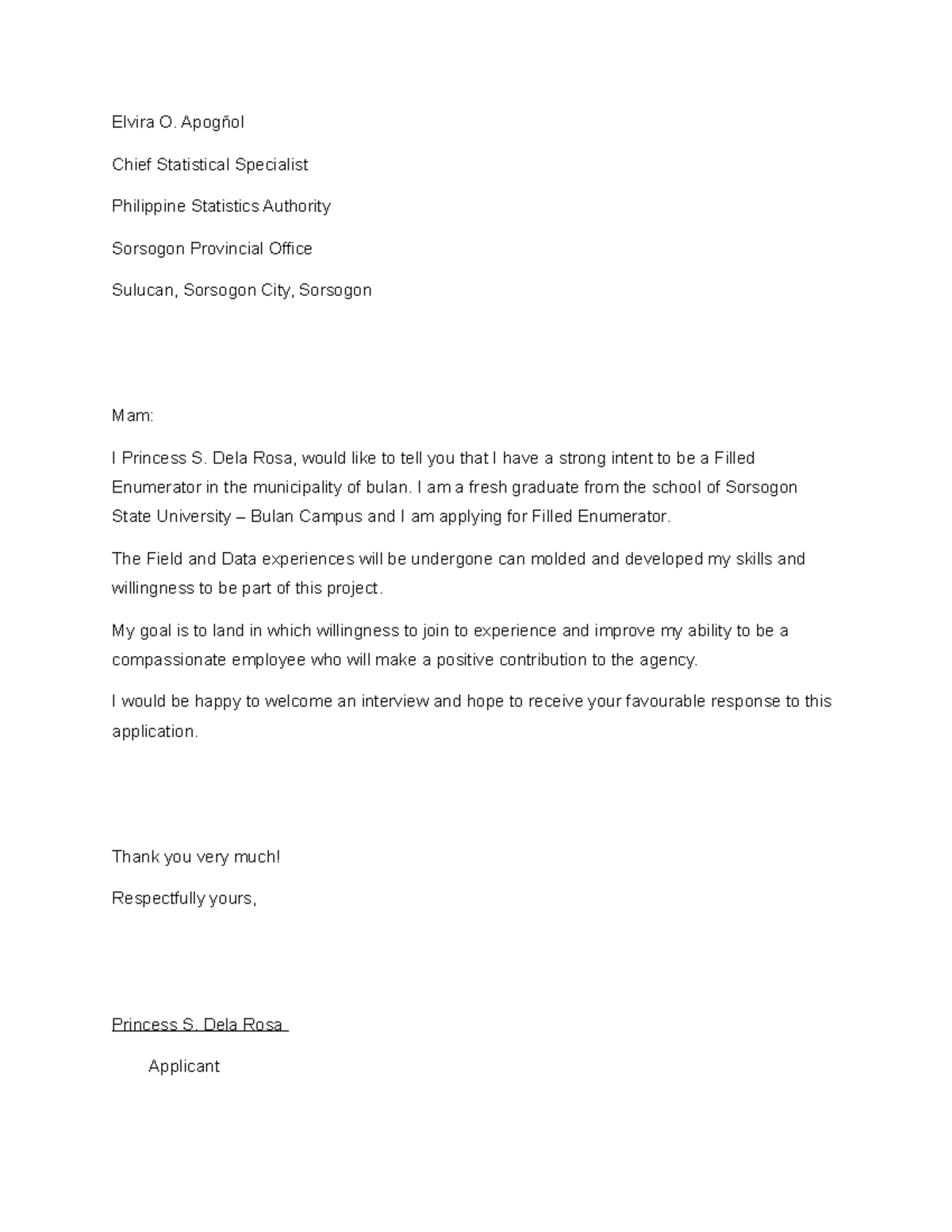 Princess Application Letter - Elvira O. Apogñol Chief Statistical ...