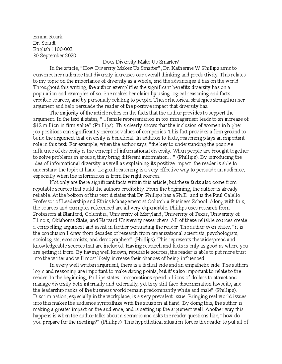 ENGL 1100-002 writing excercise 2 - Emma Roark Dr. Staudt English 1100 ...