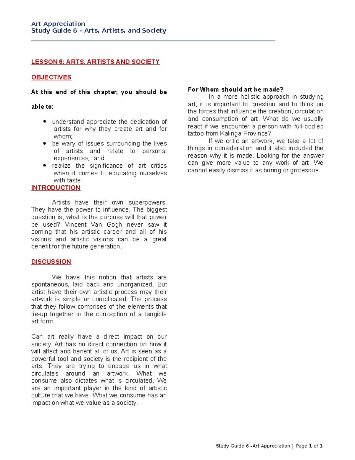 ART Appreciation Study Guide 6 - Art Appreciation Study Guide 6 – Arts ...