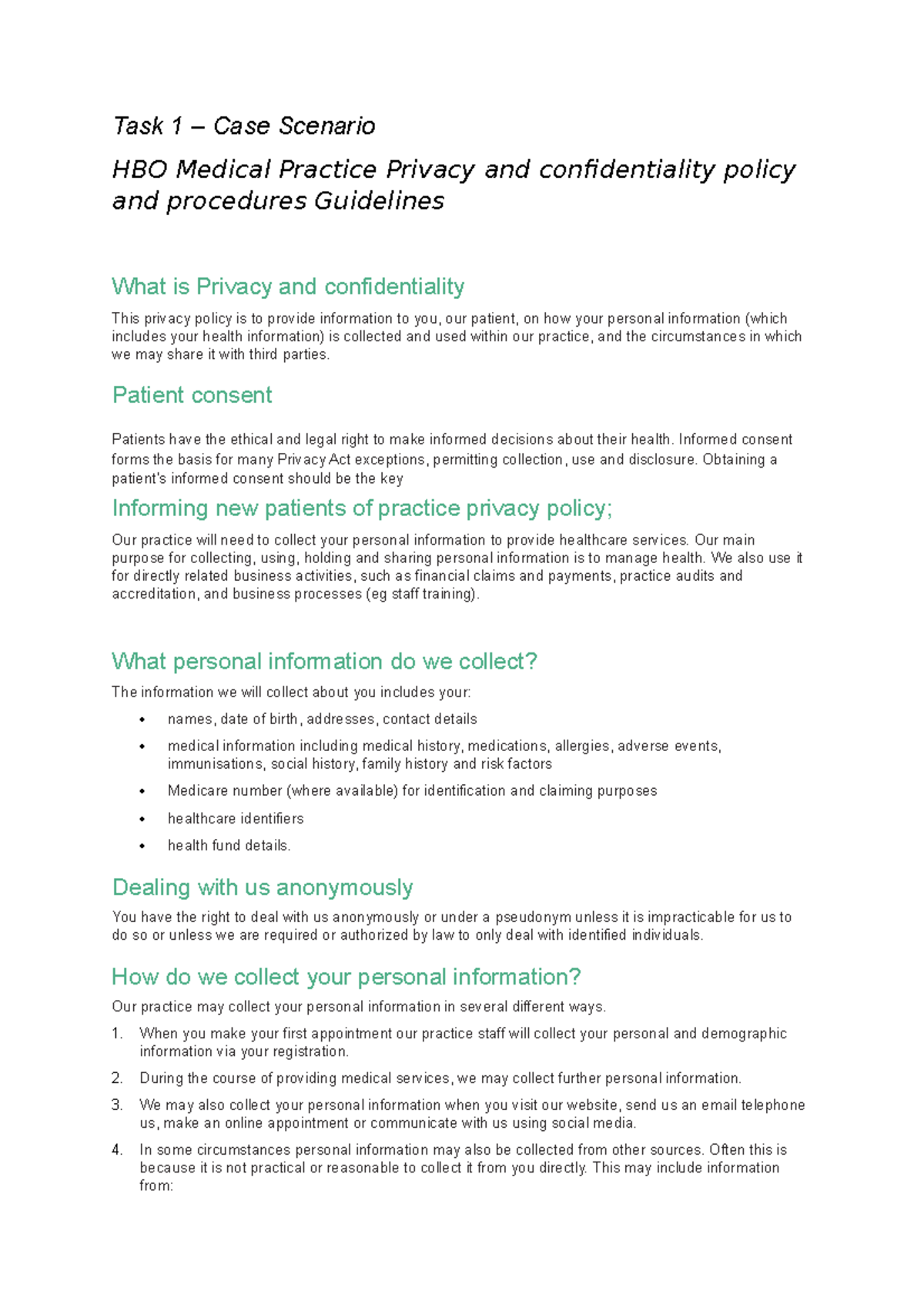CHCLEG003 answer HBO Medical Practice Privacy and confidentiality ...