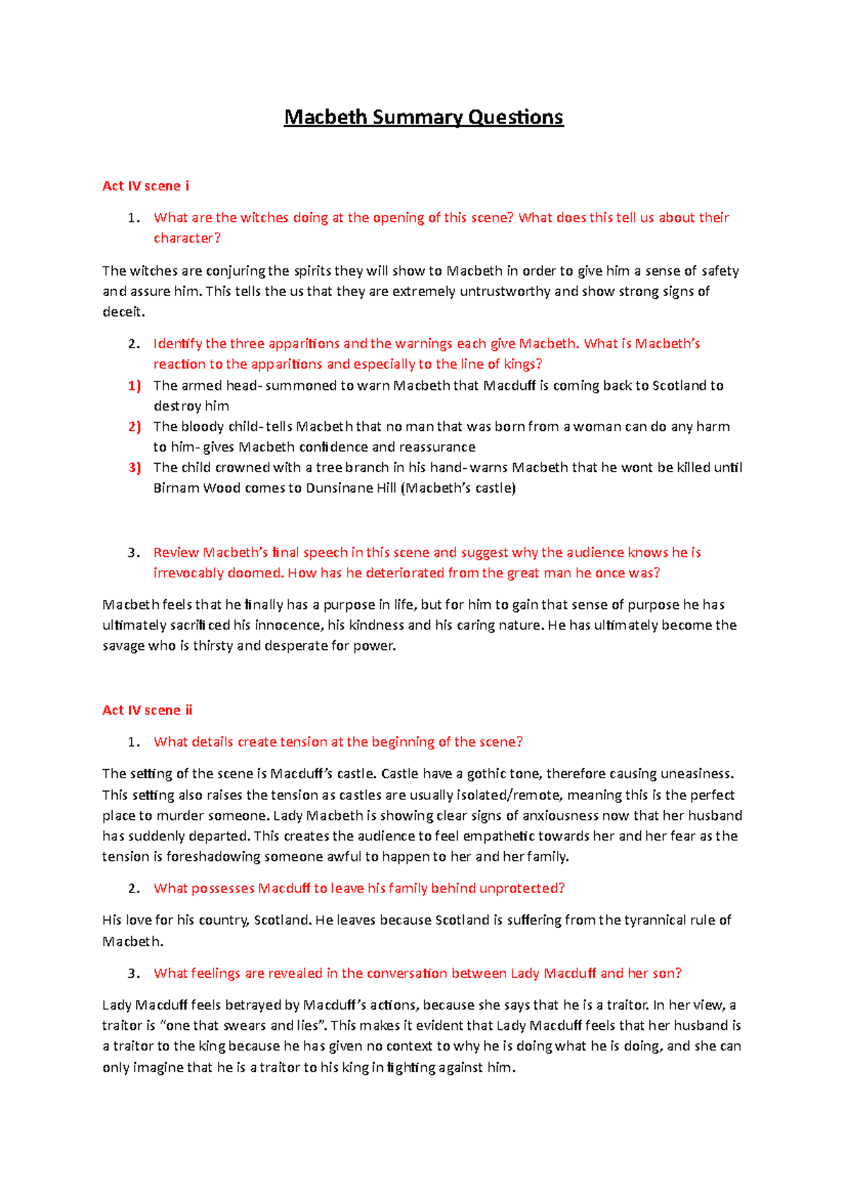Macbeth Summary Questions- ACT FOUR - EDF2020 - Monash - Studocu