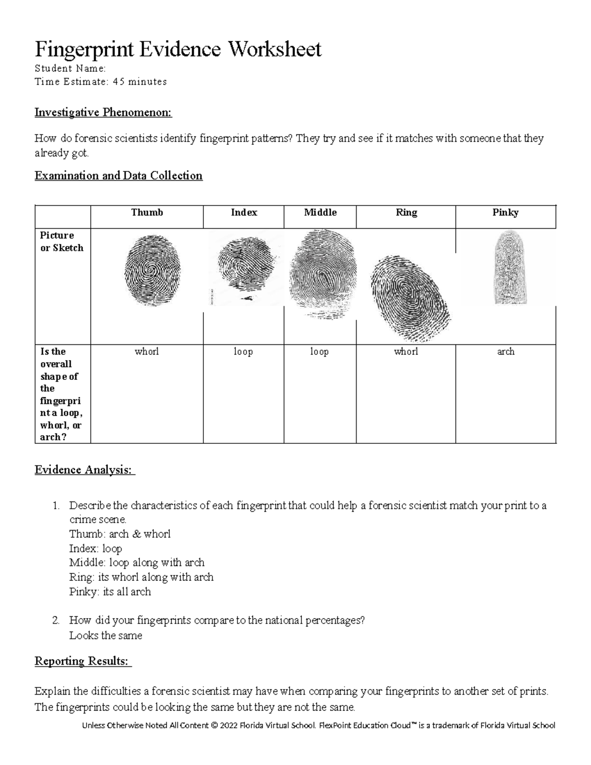 Fingerprint evidence worksheet - Fingerprint Evidence Worksheet Student Name: Time Estimate: 45 ...