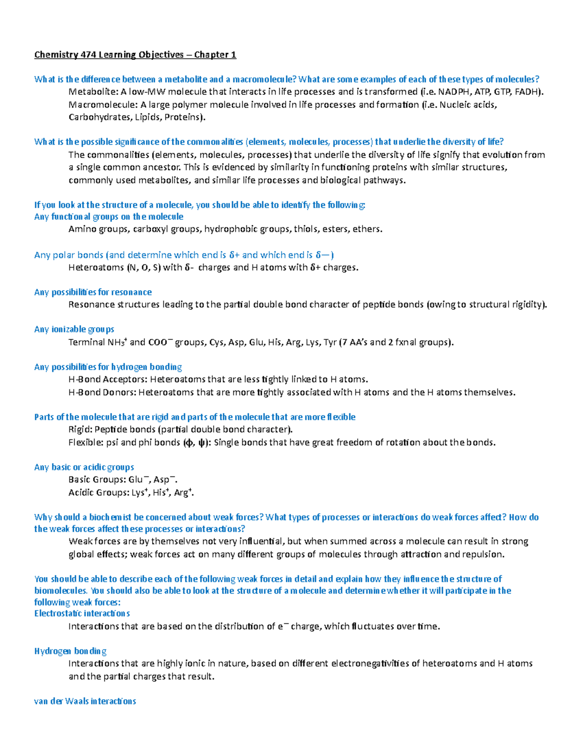 Chemistry 474 Learning Objectives SG EXAM I (Ch. 1, 2, 3, 7 ...