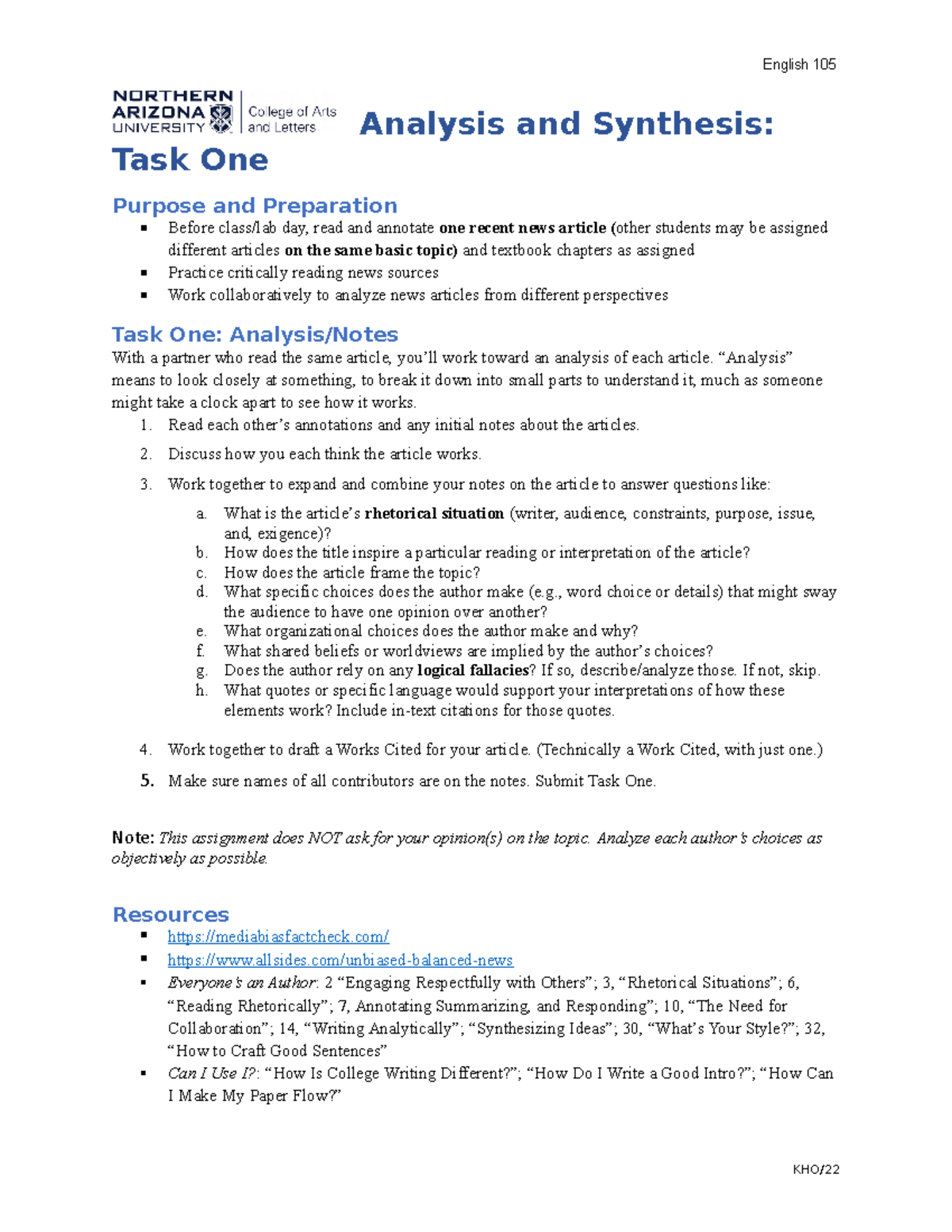 Analysisand Synthesis Task One - English 105 Analysis and Synthesis: Task One Purpose and - Studocu
