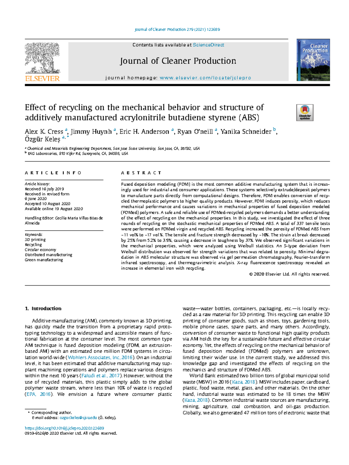 Recycling process of ABS - Effect of recycling on the mechanical ...