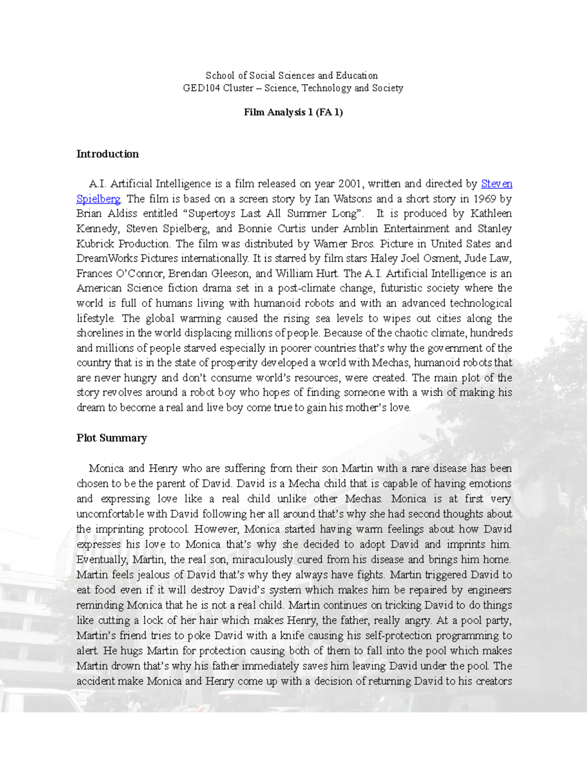 Film analysis 1 - School of Social Sciences and Education GED104 ...