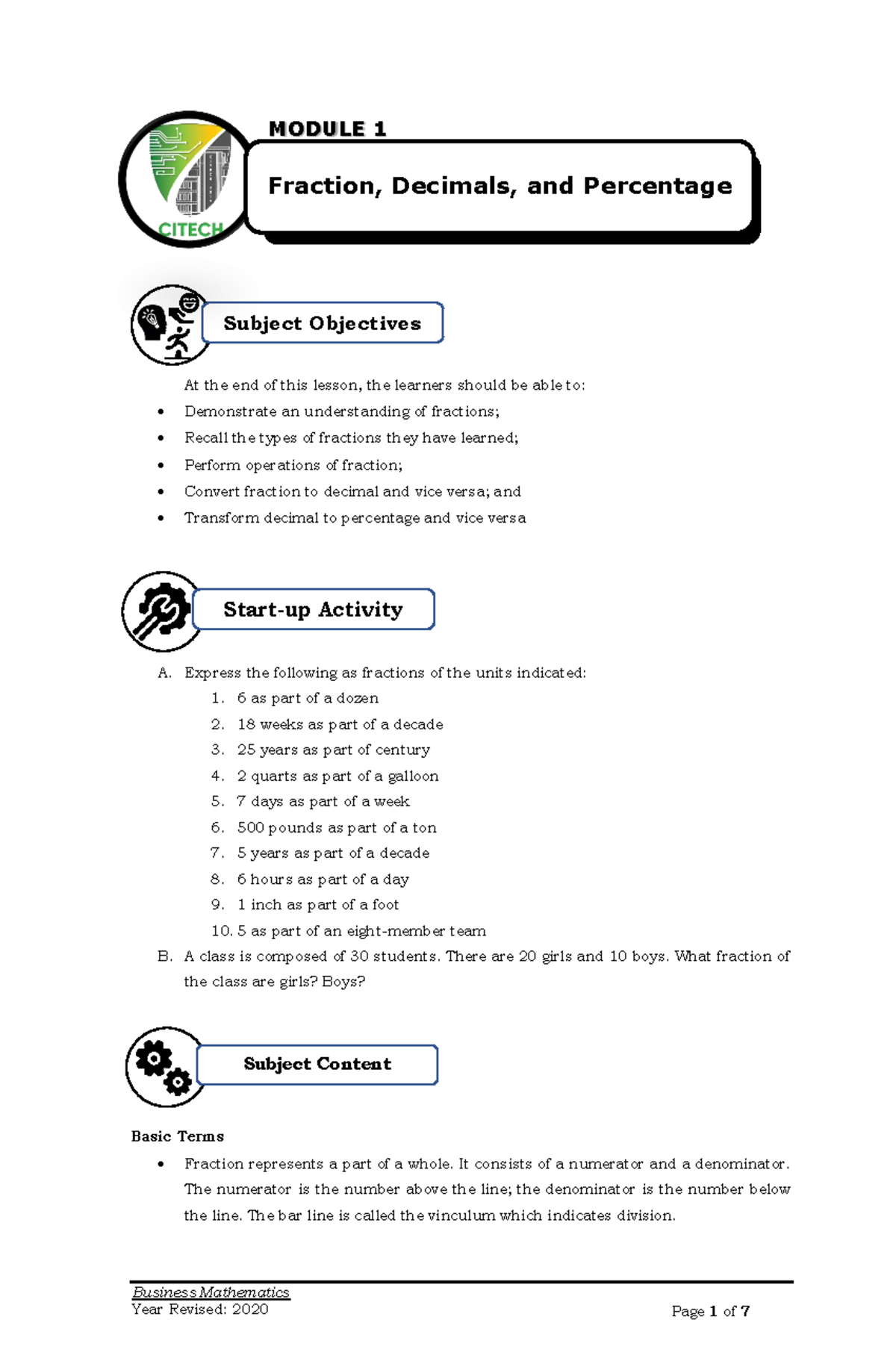 Week 1 and 2 Fractions, Decimals, and Percentage - Business Mathematics ...