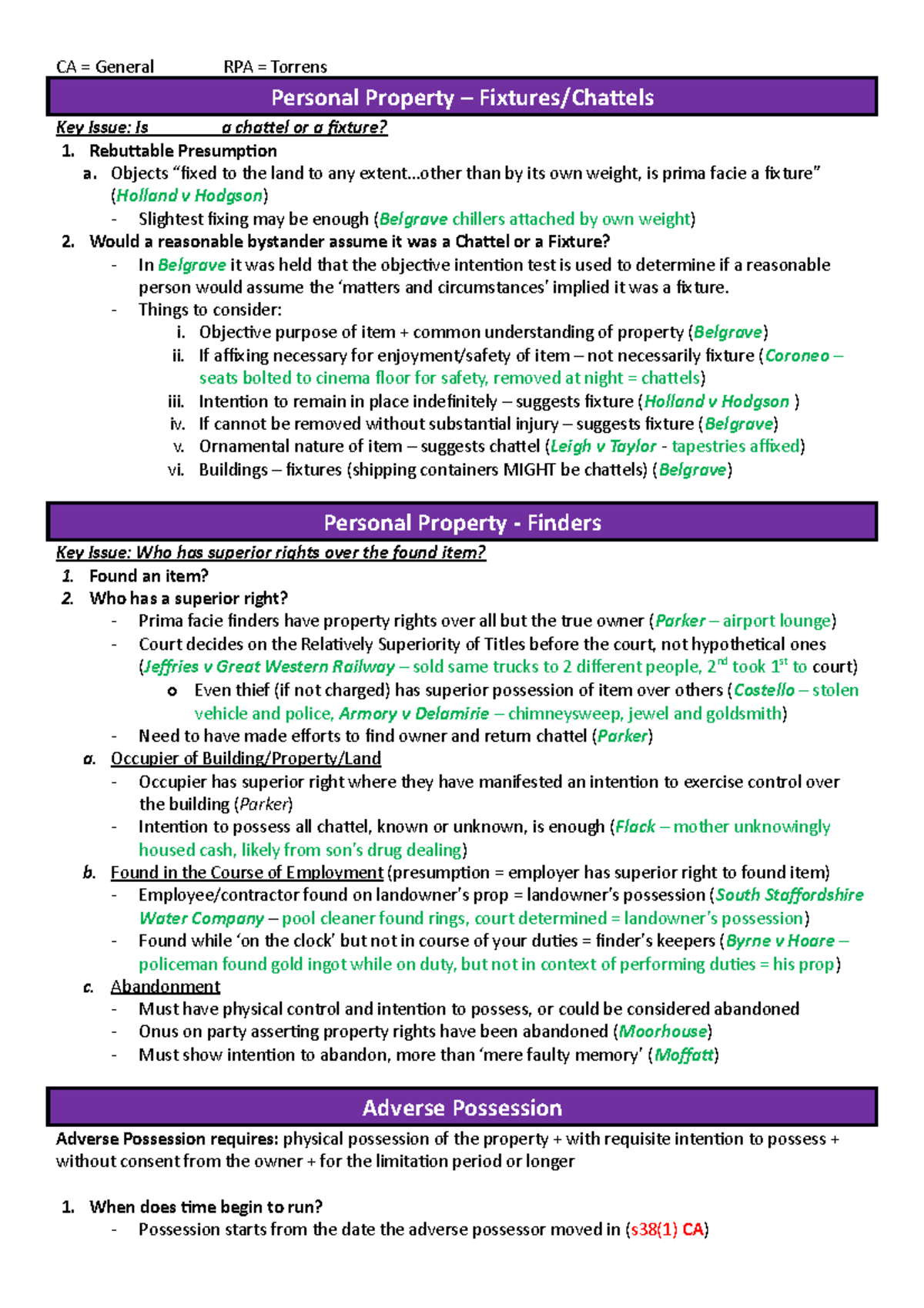 Property Study Notes - Personal Property – Fixtures/Chattels Key Issue ...