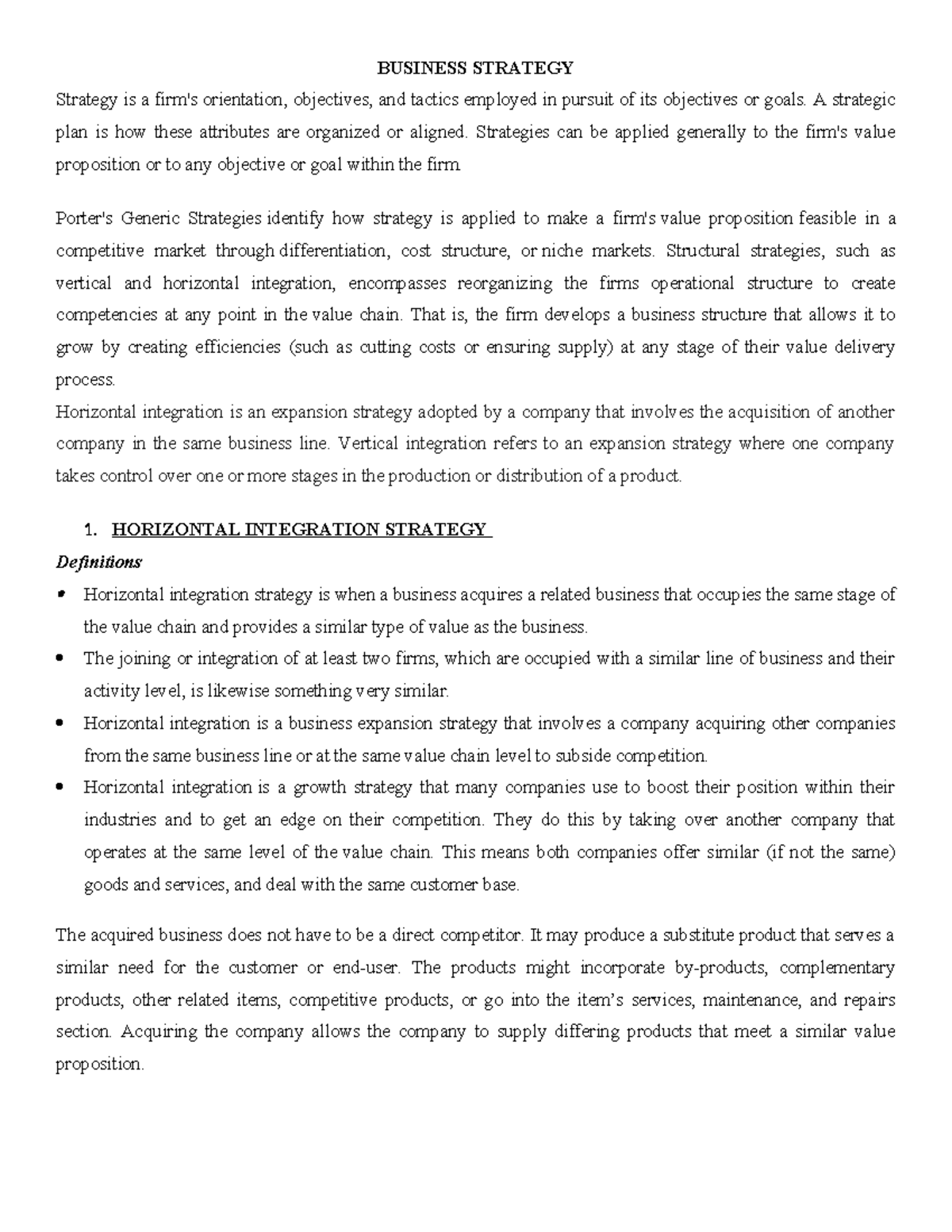 Horizontal vs Vertical Integration - BUSINESS STRATEGY Strategy is a ...