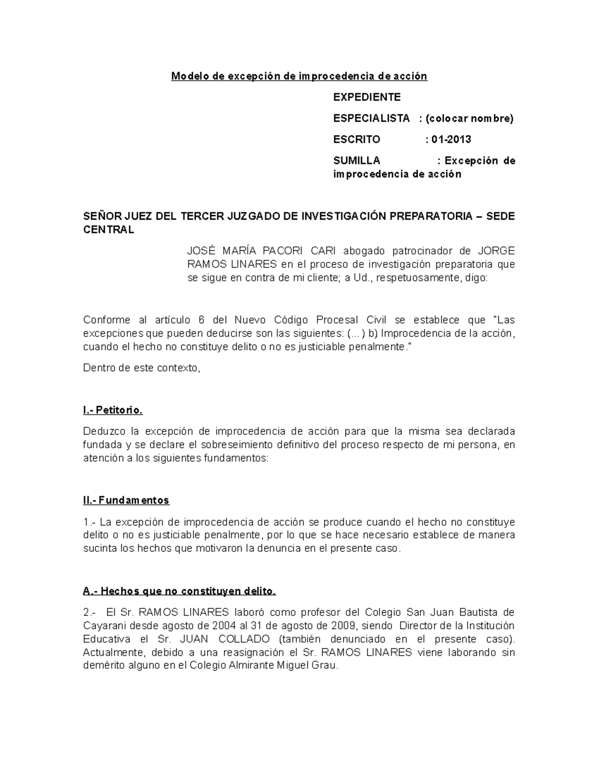 247734568 2 Excepcion de Improcedencia de Accion - Modelo de excepción ...