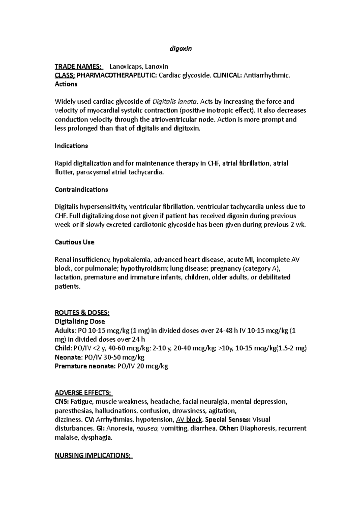 Digoxin DRUG - DRUG CARD MATERIALS FOR CLINICAL CLASSES - digoxin TRADE ...