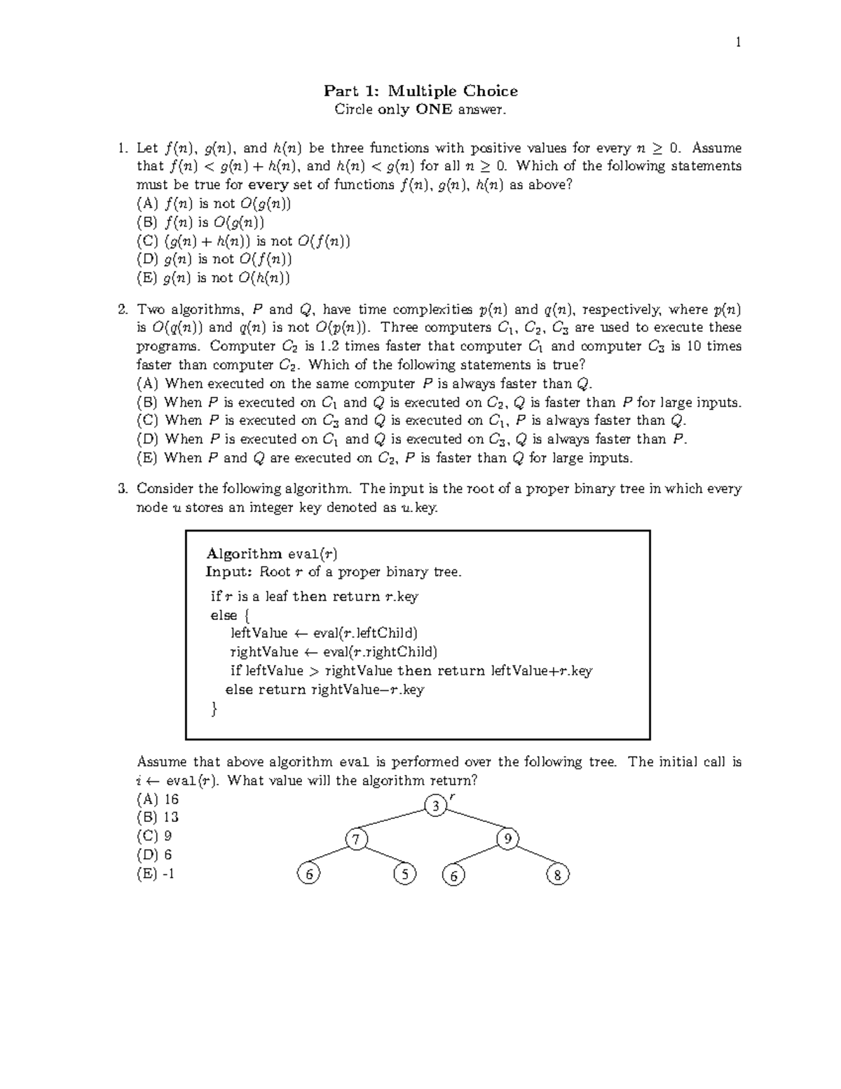midterm prep questions - Part 1: Multiple Choice Circle only ONE answer ...