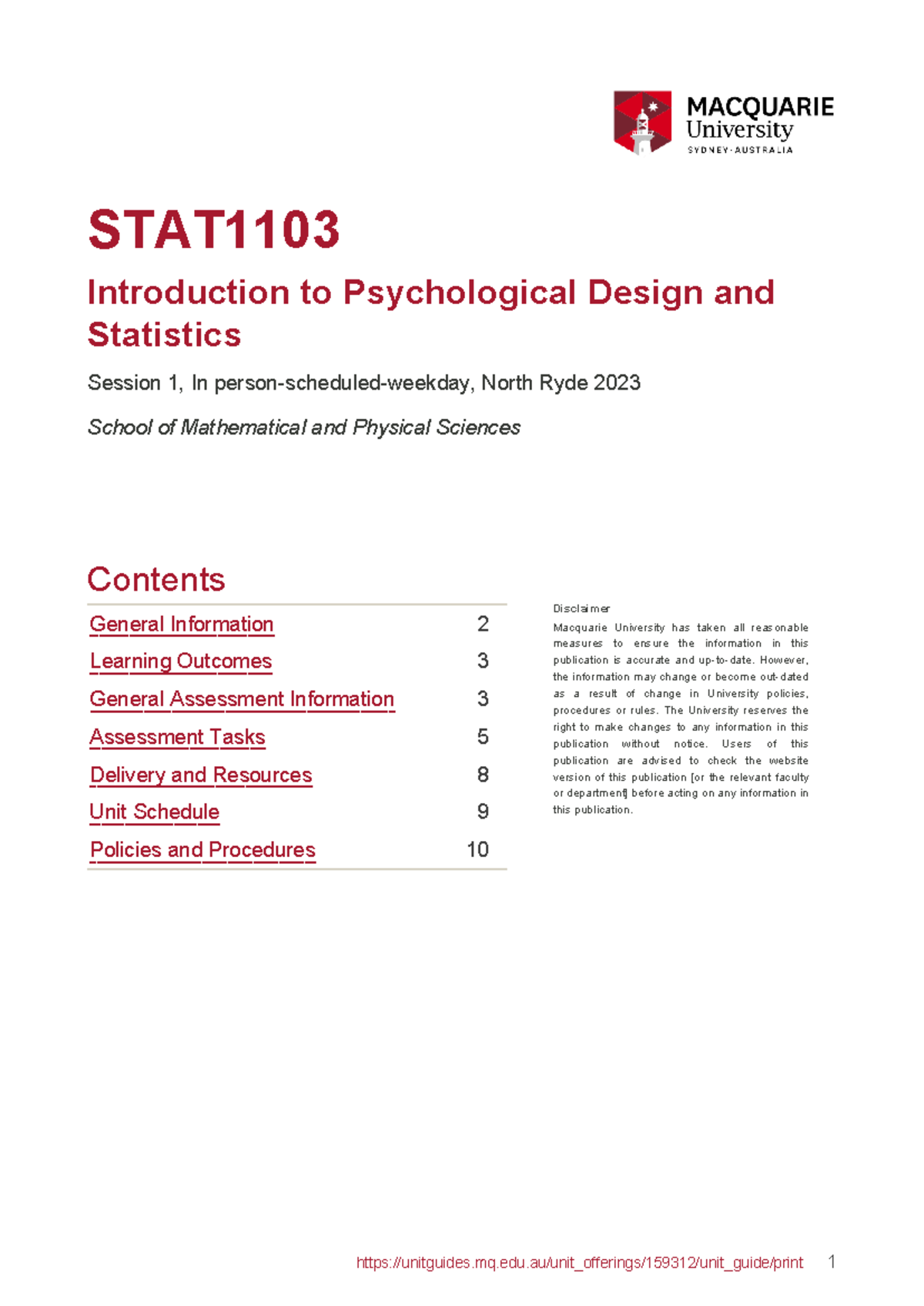 Unit Guide STAT1103 - STAT Introduction to Psychological Design and ...